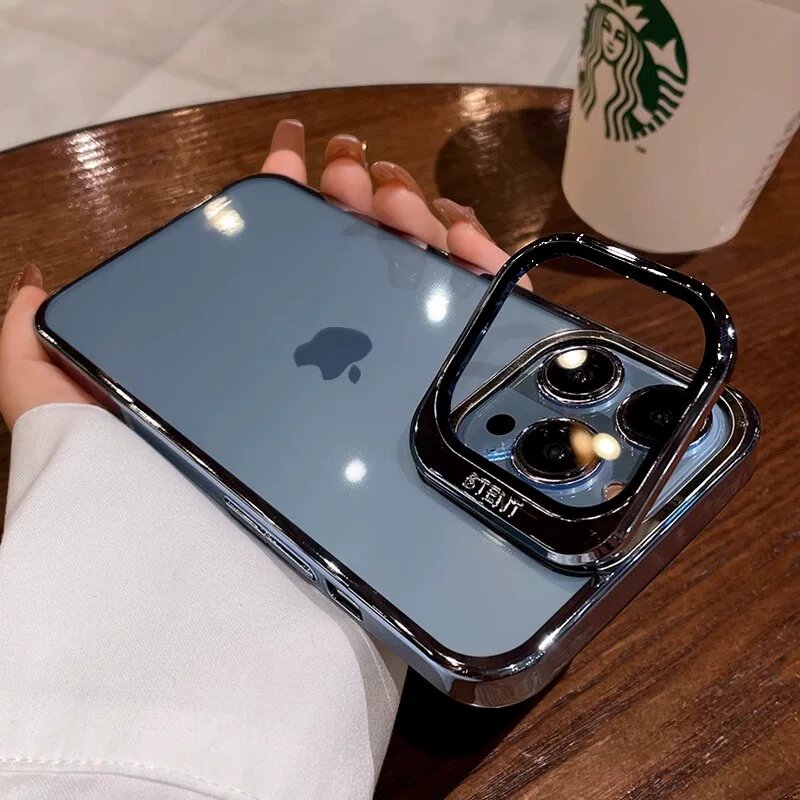 Чехол прозрачный для iPhone 15 цвет глубокий синий с встроенным штативом, ультра прозрачный и устойчивый к царапинам