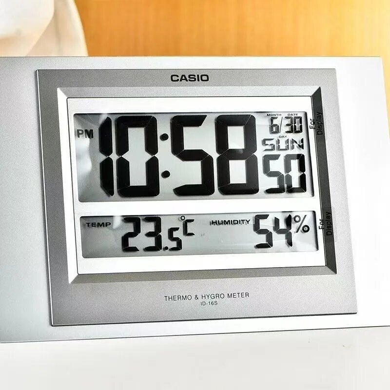 Casio Настольные часы электронные ID-16S с календарем, термометром, гигрометром, светло-серые — фото 1