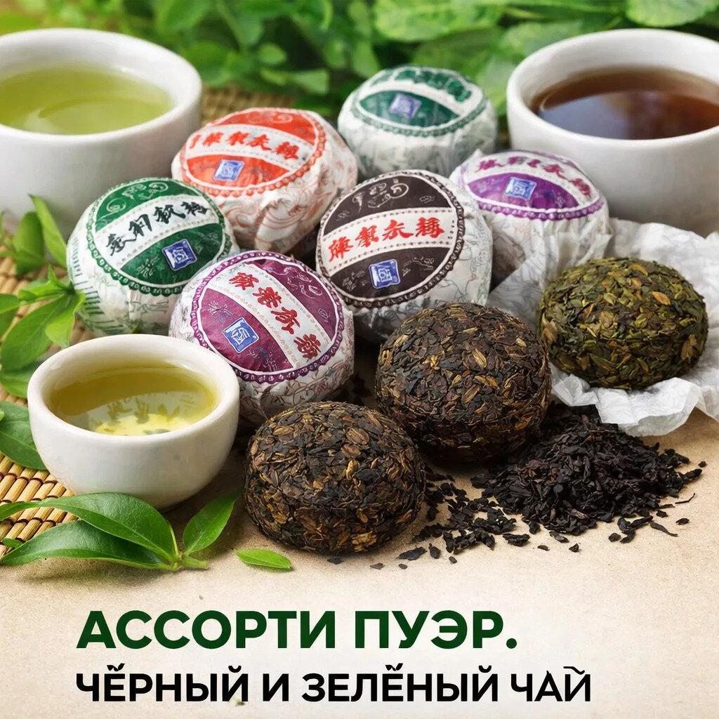 Чай Пуэр, прессованный, ассорти, зеленые и черные пуэры, 60 г, 10 штук Подарочный набор премиум качество