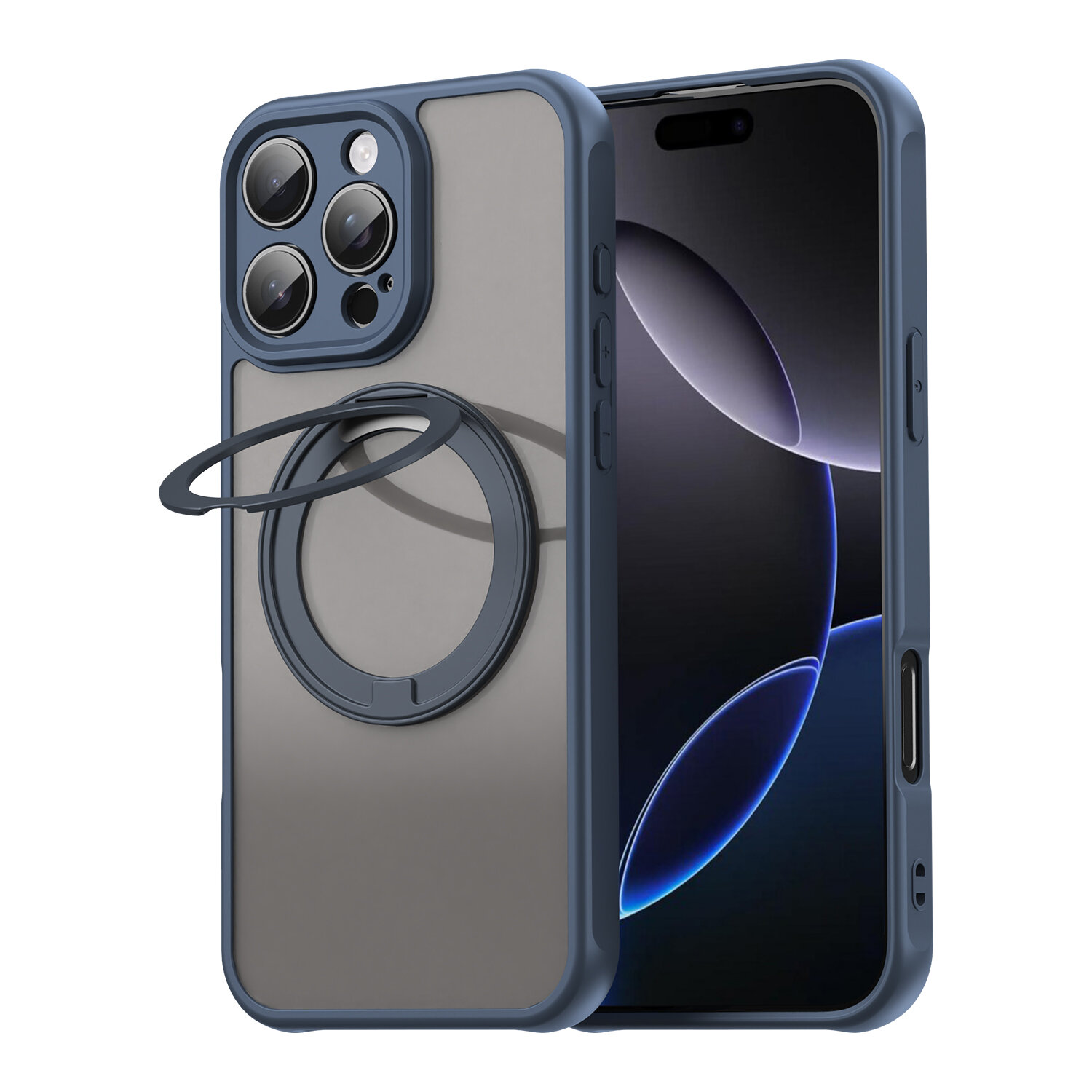 Чехол с магнитным поворотным кольцом-подставкой для iPhone 16 Pro Max, синий цвет рамок, поддержка MagSafe