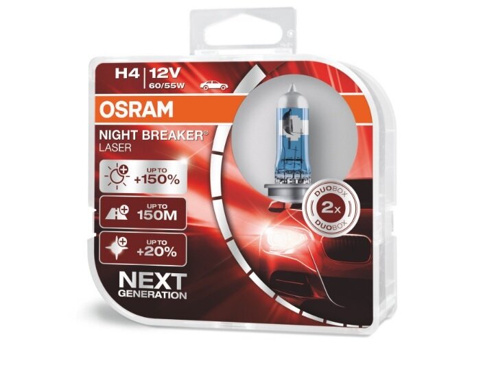 Лампа H4 12V 60/55W Р43t +150% night breaker laser, 2 шт / OSRAM / 64193NLHCB