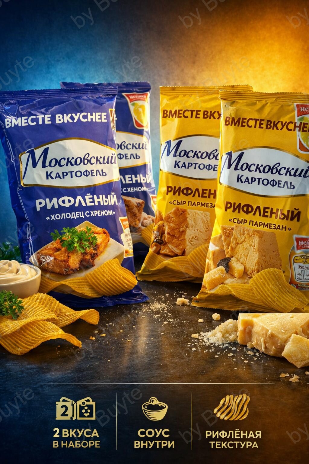 Чипсы Московский картофель Рифленые/Комбо/Холодец с хреном, 50 г+ соус горчичный 24,5 г, Сыр Пармезан, 50 г+ соус сырный, 27,5 г, 4 по 77,5г