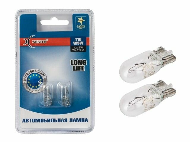 Лампа 12V 5W Т10 (W5W) (салон, номер, габарит) (W2,1*9,5d) 3200K Long Life, 2 шт / Xenite / 1007113