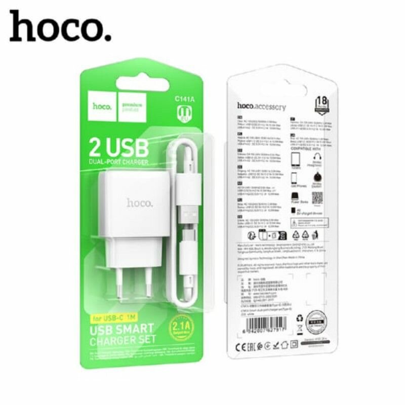 СЗУ-2USB Type-C HOCO C141A 1м, 2.1A, White 6942007627917