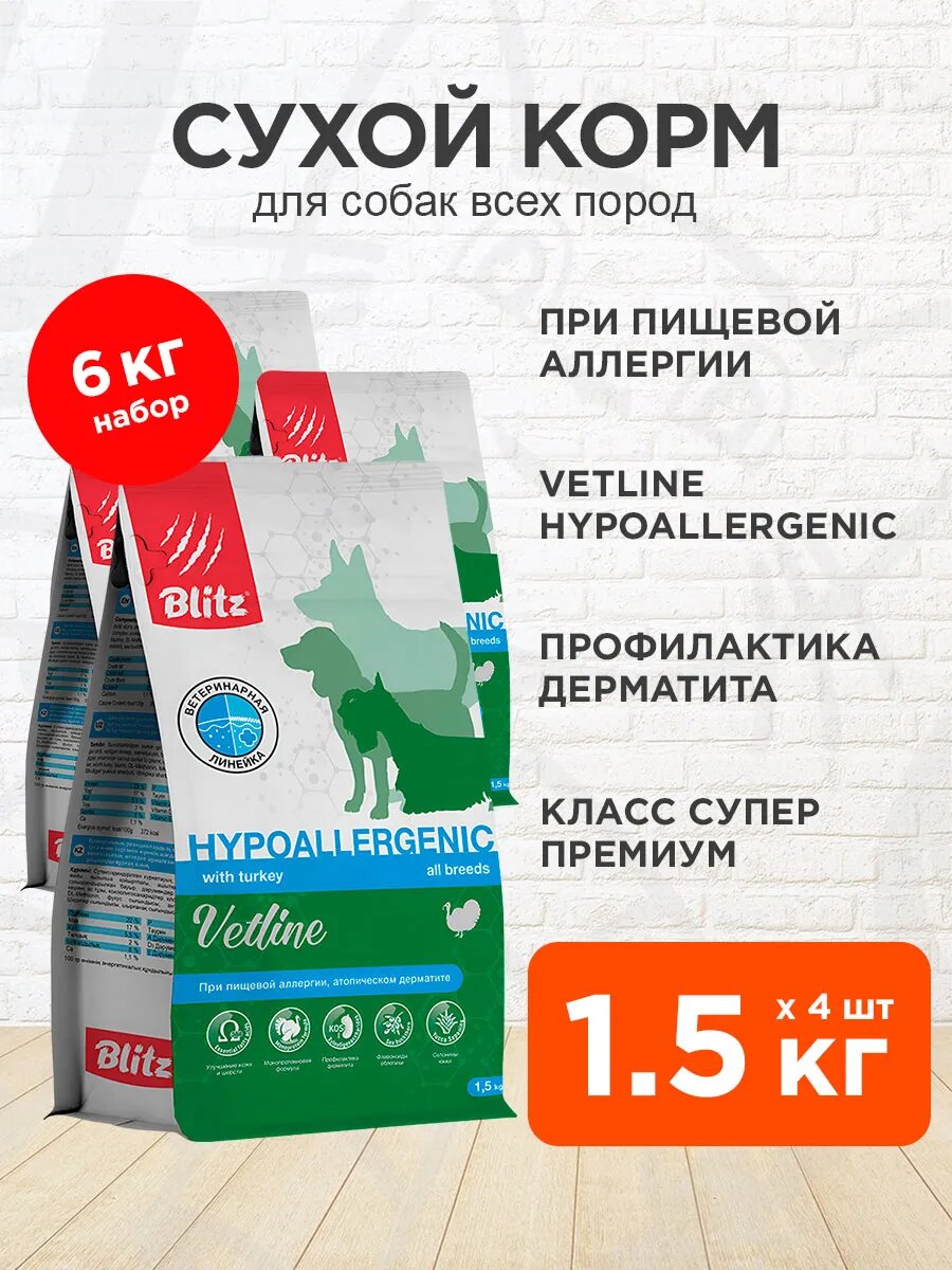 Корм сухой Blitz Hypoallergenic для собак при пищевой аллергии, непереносимости и атопическом дерматите, 1,5 кг х 4 шт