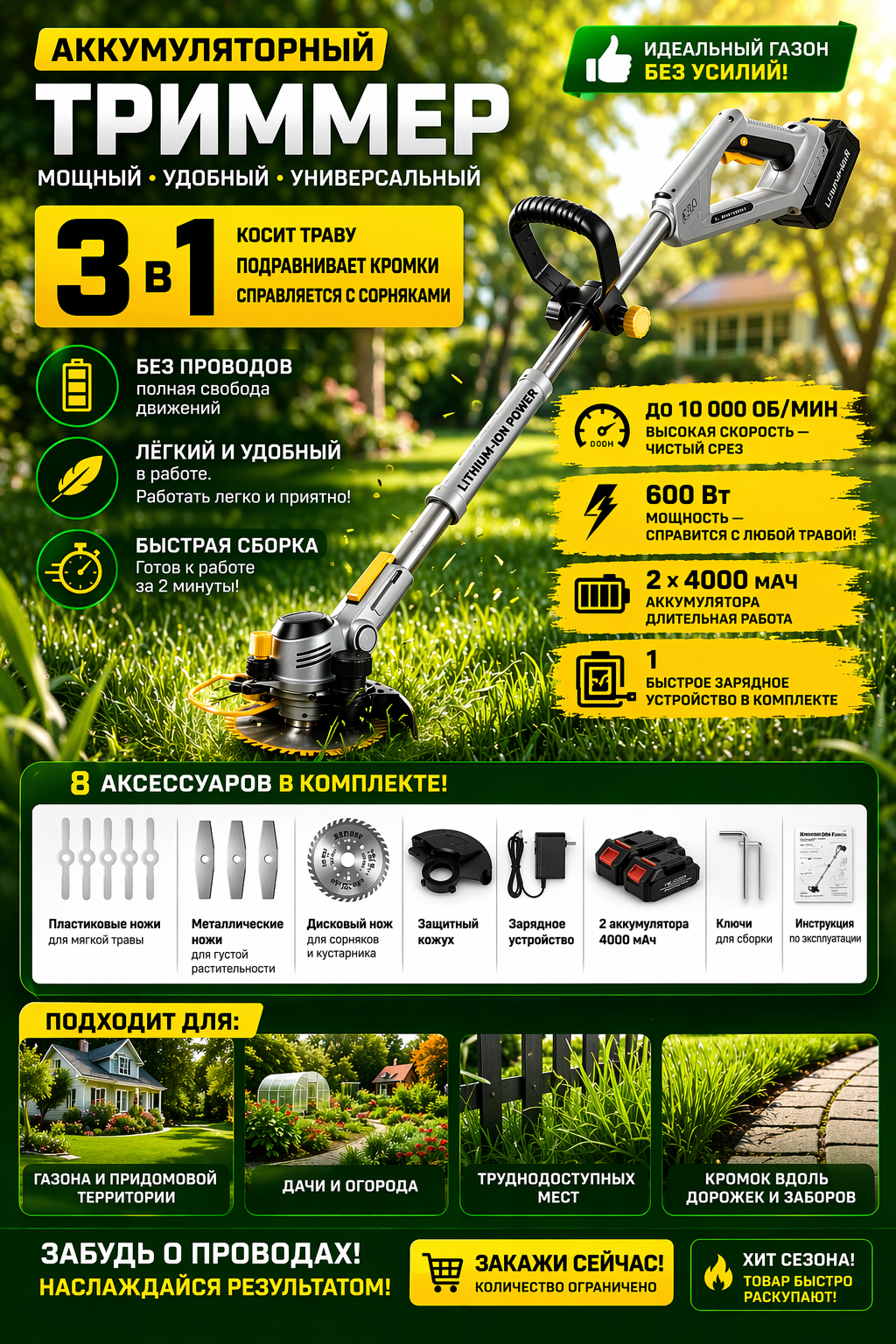 Триммер аккумуляторный 10000 об/мин садовый для травы 2 АКБ + 8 насадок / Газонокосилка электрическая