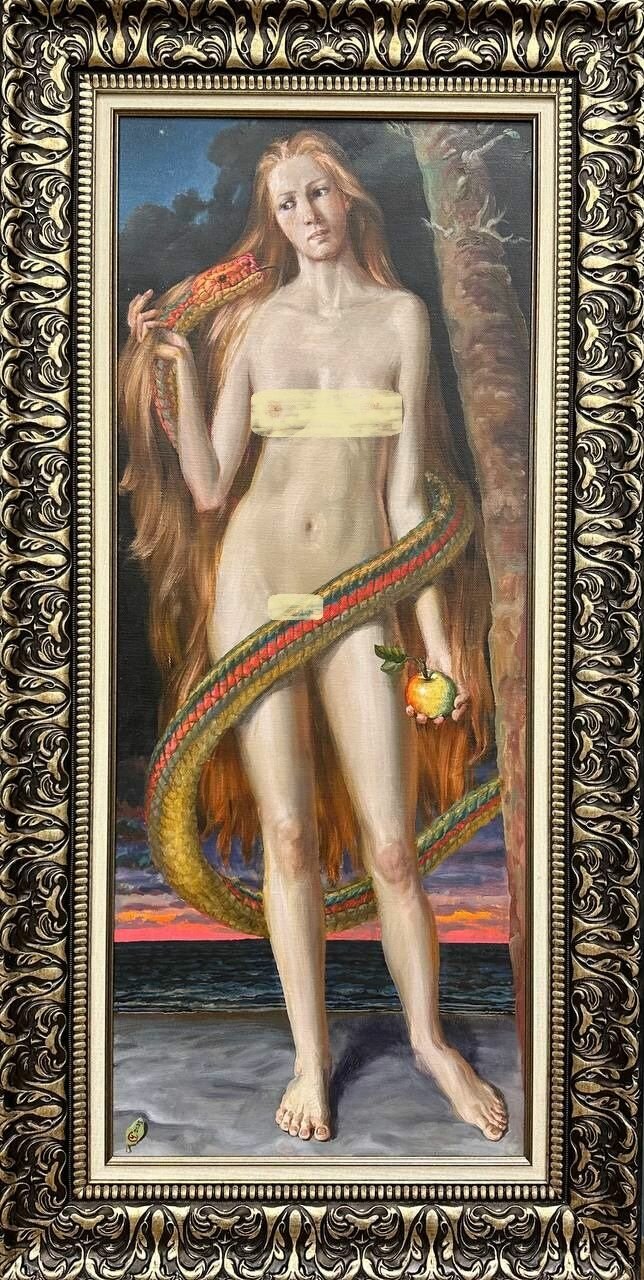 Картина маслом, люди "Ева со змеем". Холст/Масло, 2025. Размер 100х40. Автор Чернышёв Сергей.