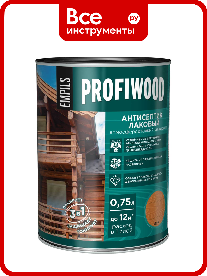 Алкидный антисептик PROFIWOOD 67017 для декоративной отделки, атмосферостойкий, защита от плесени, глянцевый блеск