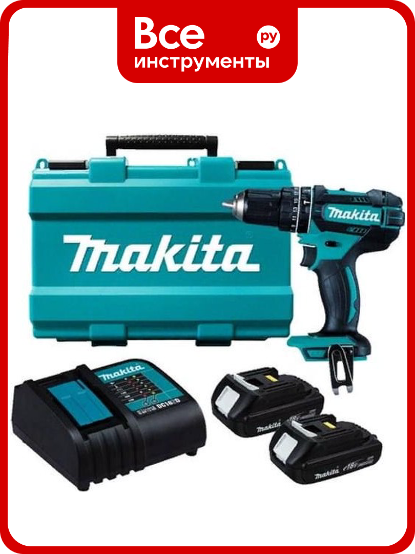 Дрель-шуруповерт Makita DHP482SYE, 18В, Li-Ion, 2 скорости, 62 Нм, 1,5 Ач, 2 аккумулятора
