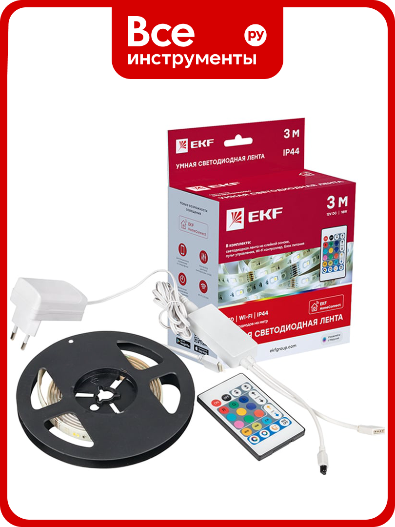 Умная светодиодная лента EKF Connect RGBW 3m slswf-3-rgbw с Wi‑Fi управлением, пультом и защитой