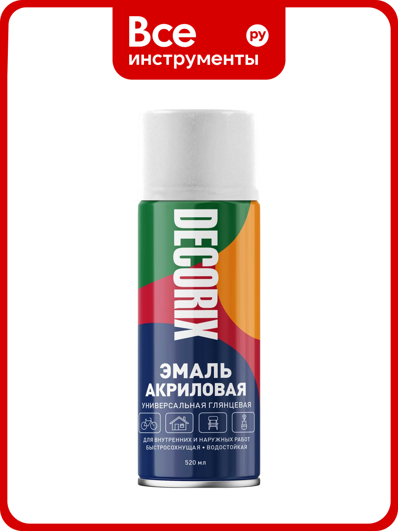 Аэрозольная акриловая эмаль Decorix (универсальная; белый; глянцевый; 520 мл) 0101-21 DX, Предназначена для окрашивания