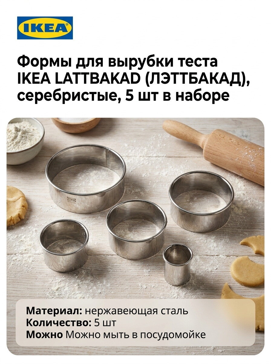 Формы для вырубки теста IKEA LATTBAKAD (лэттбакад), серебристые, 5 шт в наборе