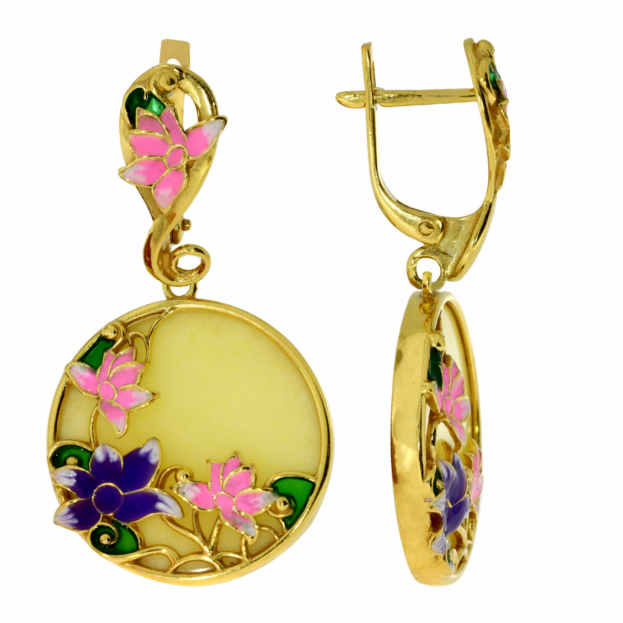 Серьги, серебро, 925 проба, золочение, эмаль, янтарь
