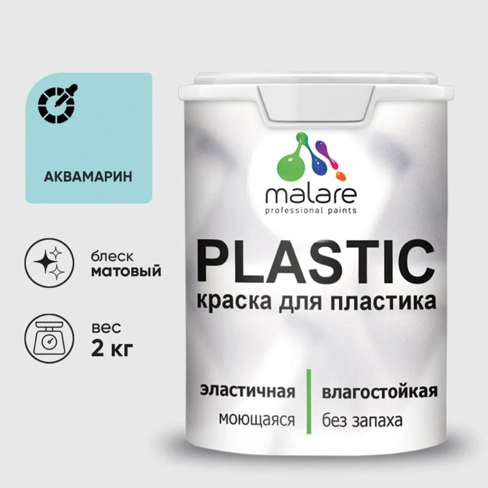 Акриловая краска MALARE для пластика Plastic для ПВХ, для подоконников и откосов, без запаха, матовая, аквамарин, 2 кг КПЛСТААКВМ0200