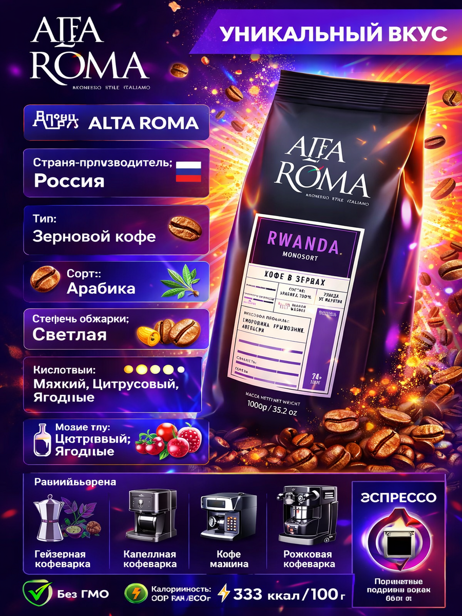 Кофе Alta Roma Rwanda зерновой, 1кг