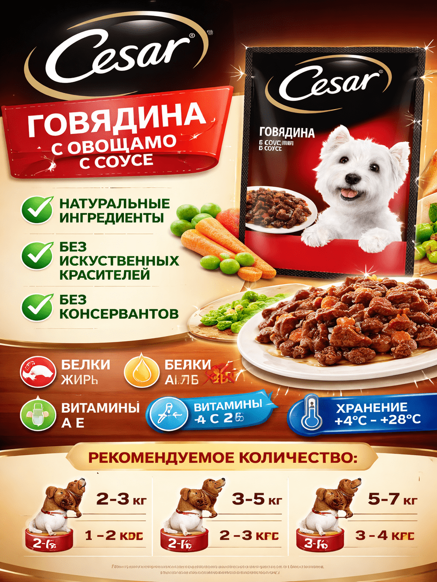 Корм влажный Cesar соус для собак говядина с овощами, 85г x 2 упаковки