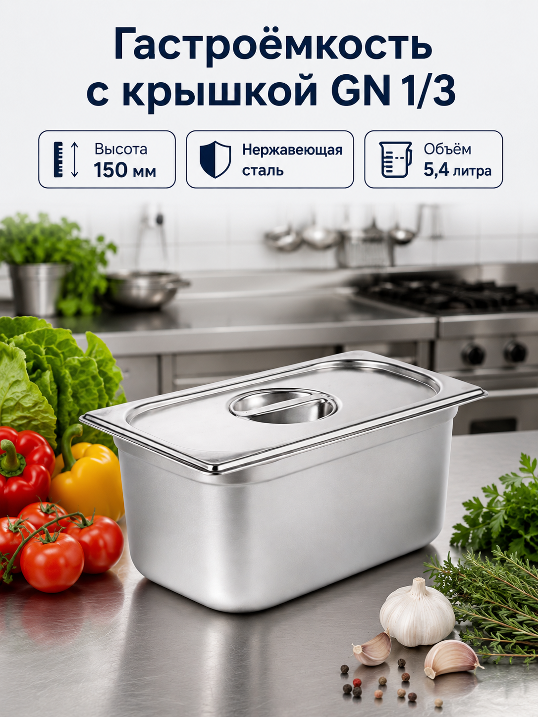 Гастроемкость GN 1/3 150 мм с крышкой, нержавеющая сталь
