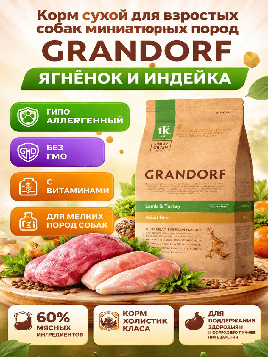 Корм сухой Grandorf для взрослых собак миниатюрных пород с ягненком и индейкой, 1кг