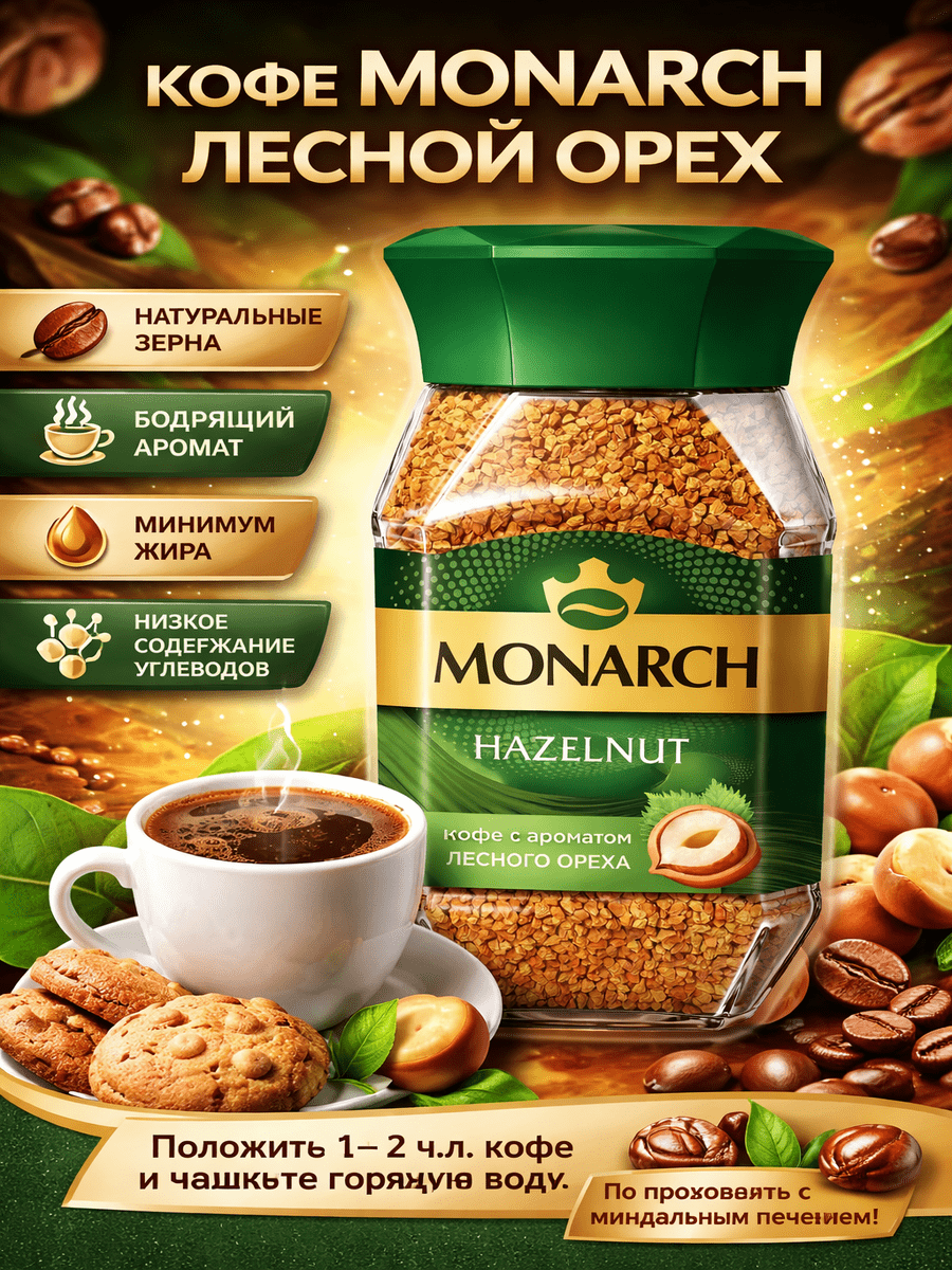 Кофе Monarch Лесной орех растворимый, 95г