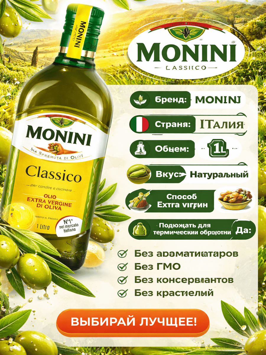 Масло оливковое Monini Classico Extra Virgin нерафинированное, 1л
