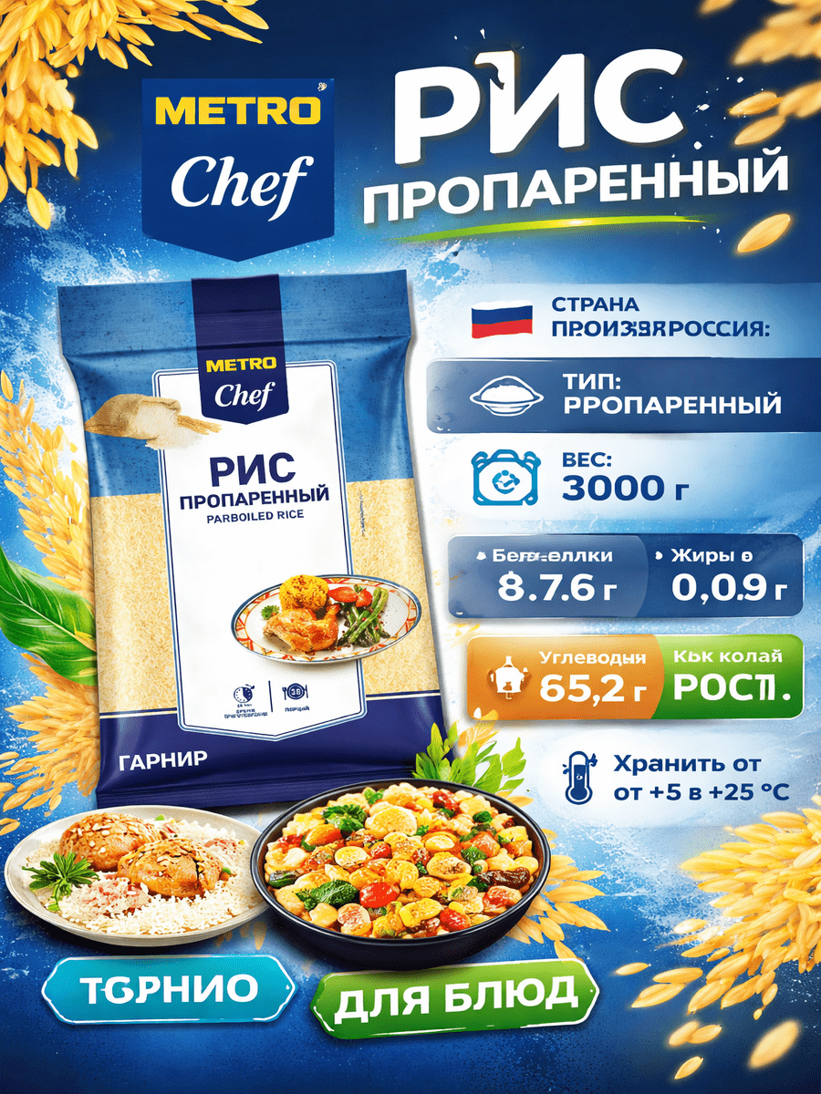 METRO Chef Крупа рис пропаренный, 3кг
