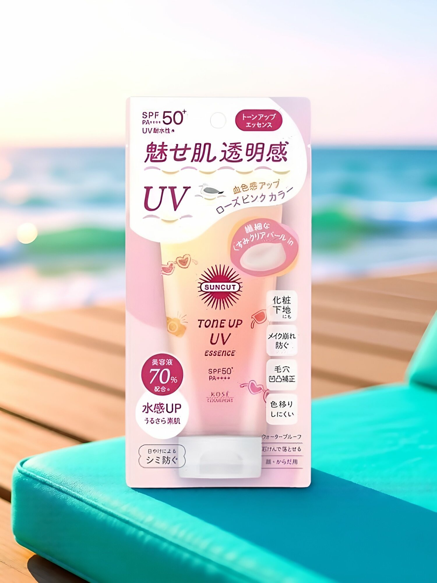 KOSE Японская тонизирующая УФ-эссенция с цветокоррекцией Роза SPF 50+, 80 г. / KOSE Suncut Tone Up UV Essence Sunblock Rose / Япония
