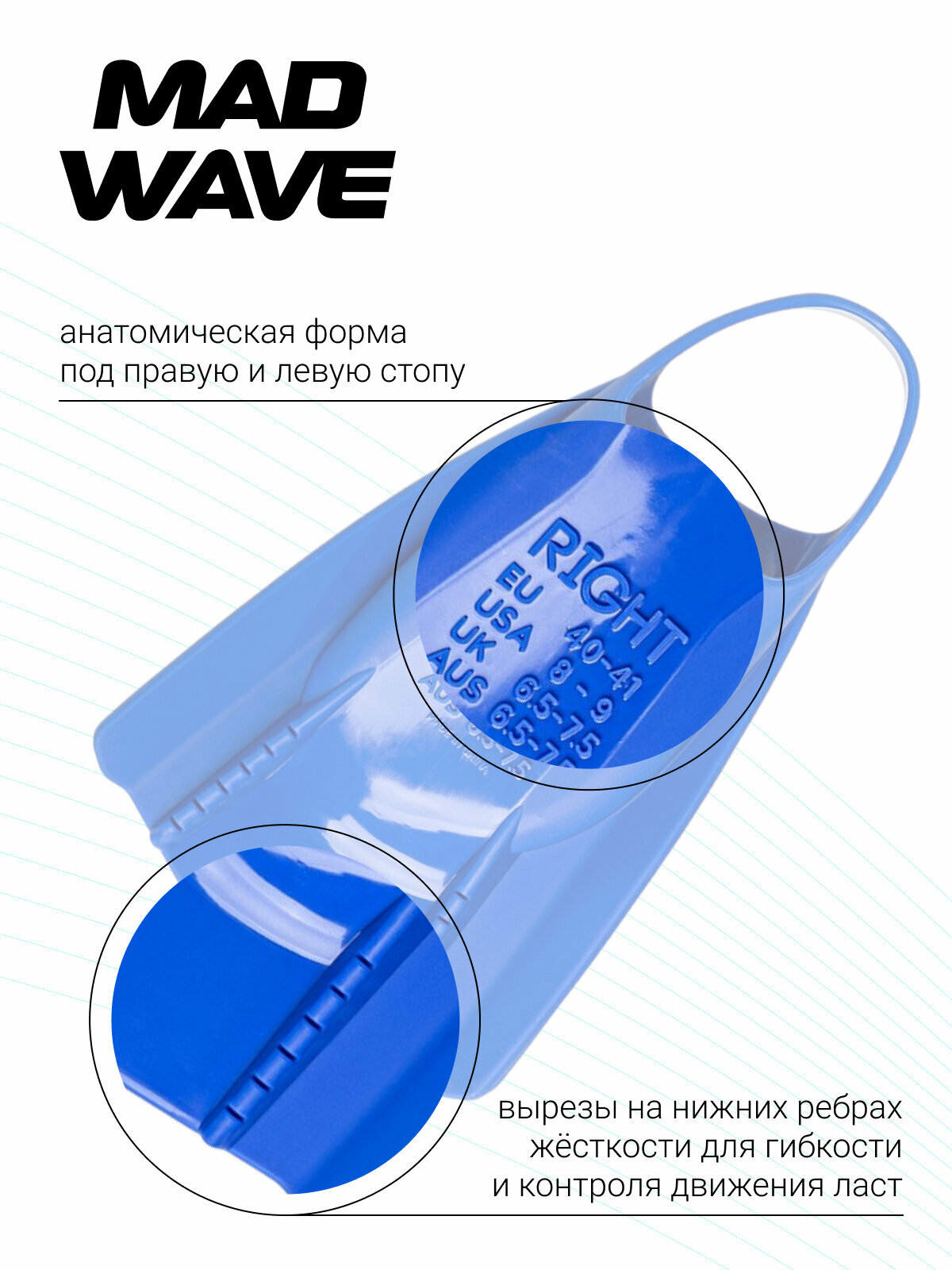 Ласты MAD WAVE Chaser tech, с открытой пяткой, короткие, цвет синий, размер 38-39 — фото 1