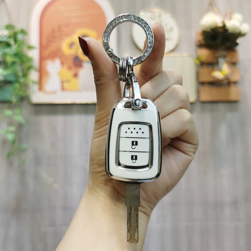 Автомобильный чехол для ключа Honda Fit K-стиль плоский 2-кнопочный молочный белый одиночный комплект с серебряной