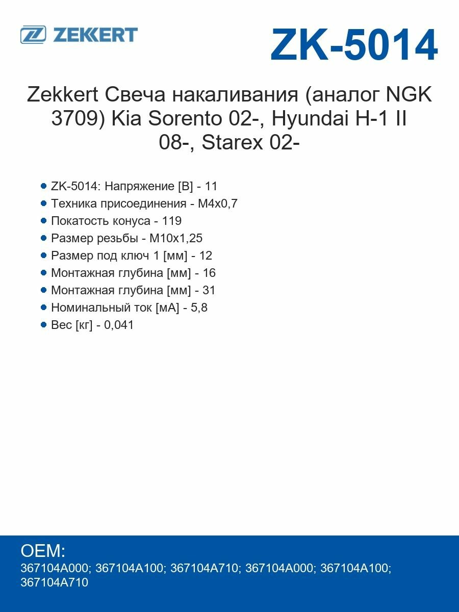 Zekkert Свеча накаливания (аналог NGK 3709) Kia Sorento 02-, Hyundai H-1 II 08-, Starex 02-
