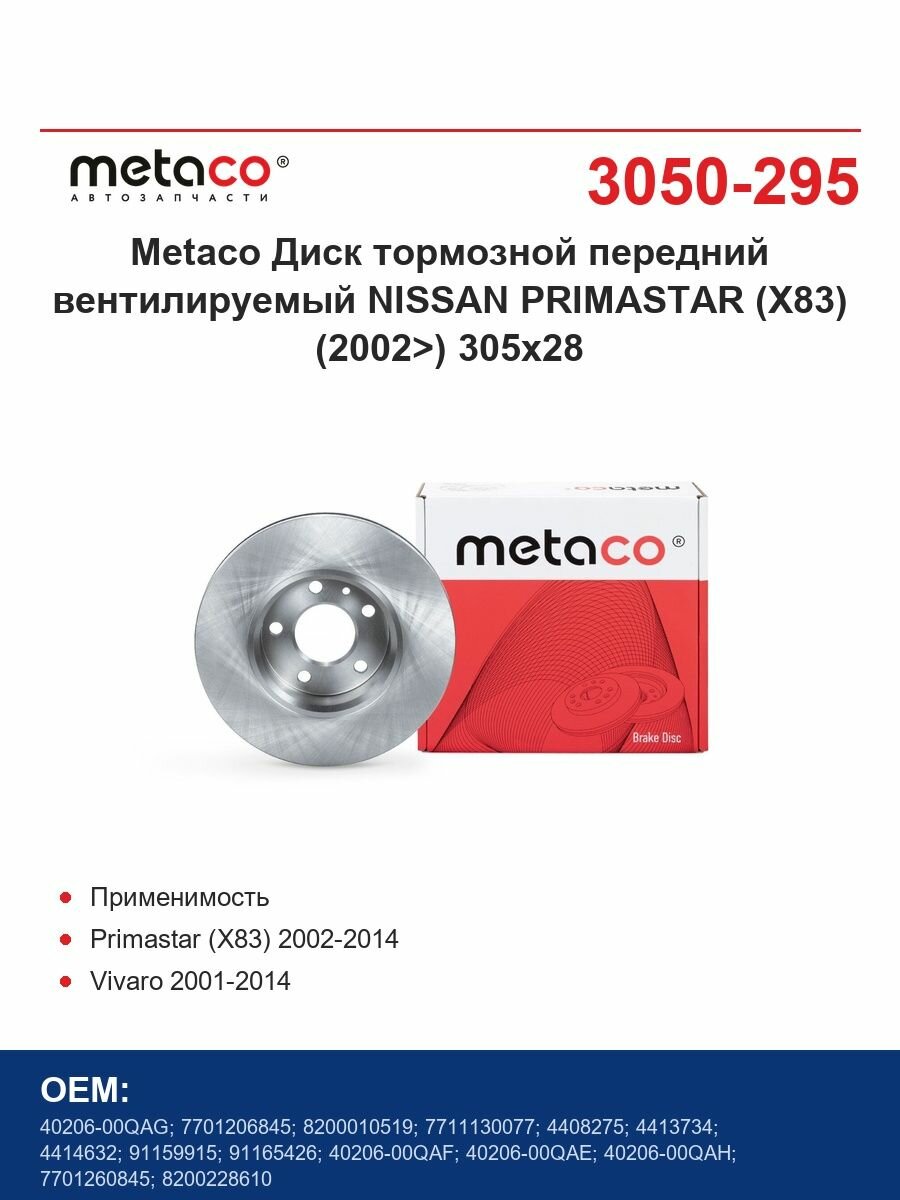 Metaco Диски тормозные передний вентилируемый NISSAN PRIMASTAR (X83) (2002>) 305x28