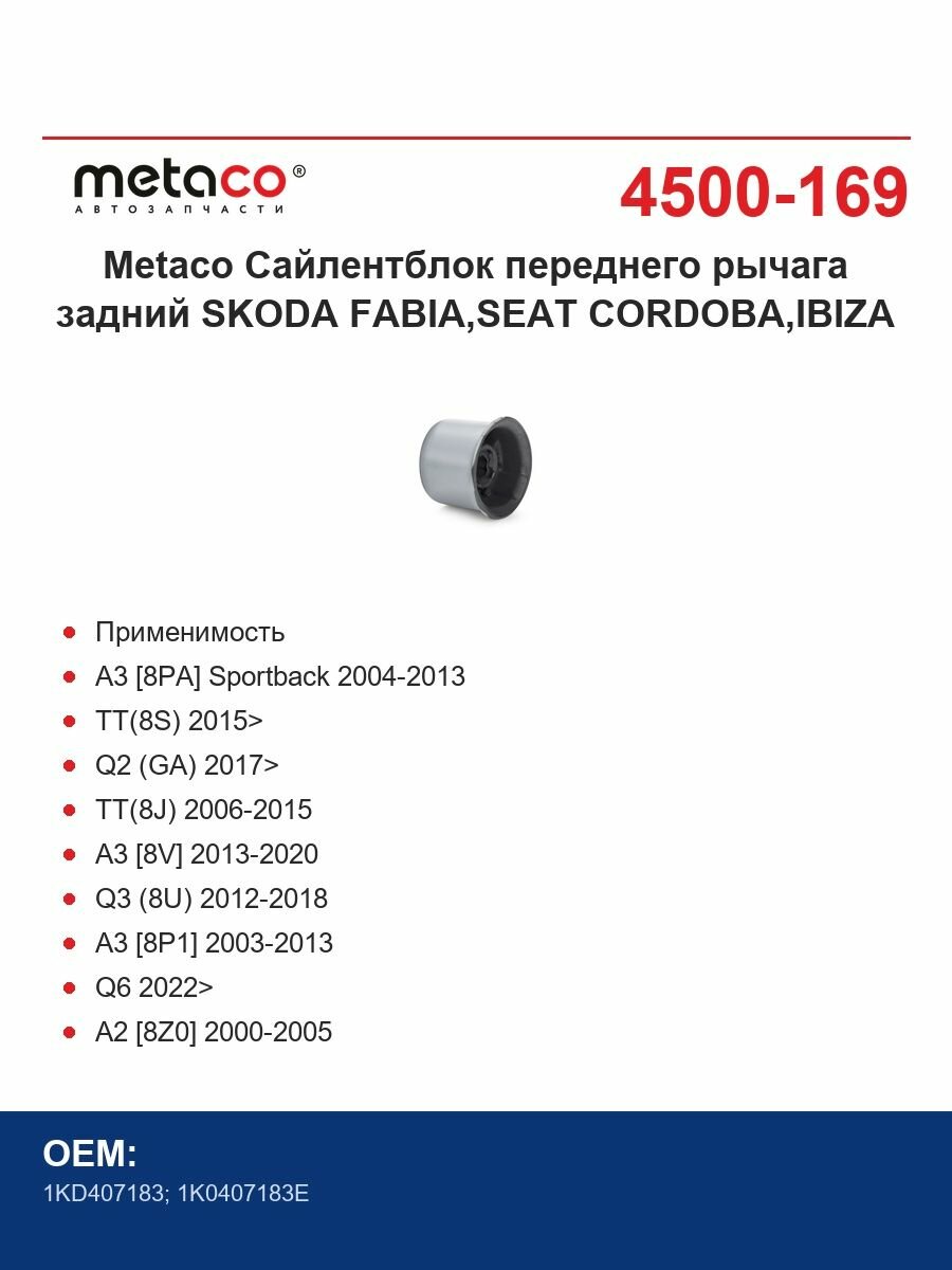 Metaco Сайлентблок переднего рычага задний SKODA FABIA, SEAT CORDOBA, IBIZA