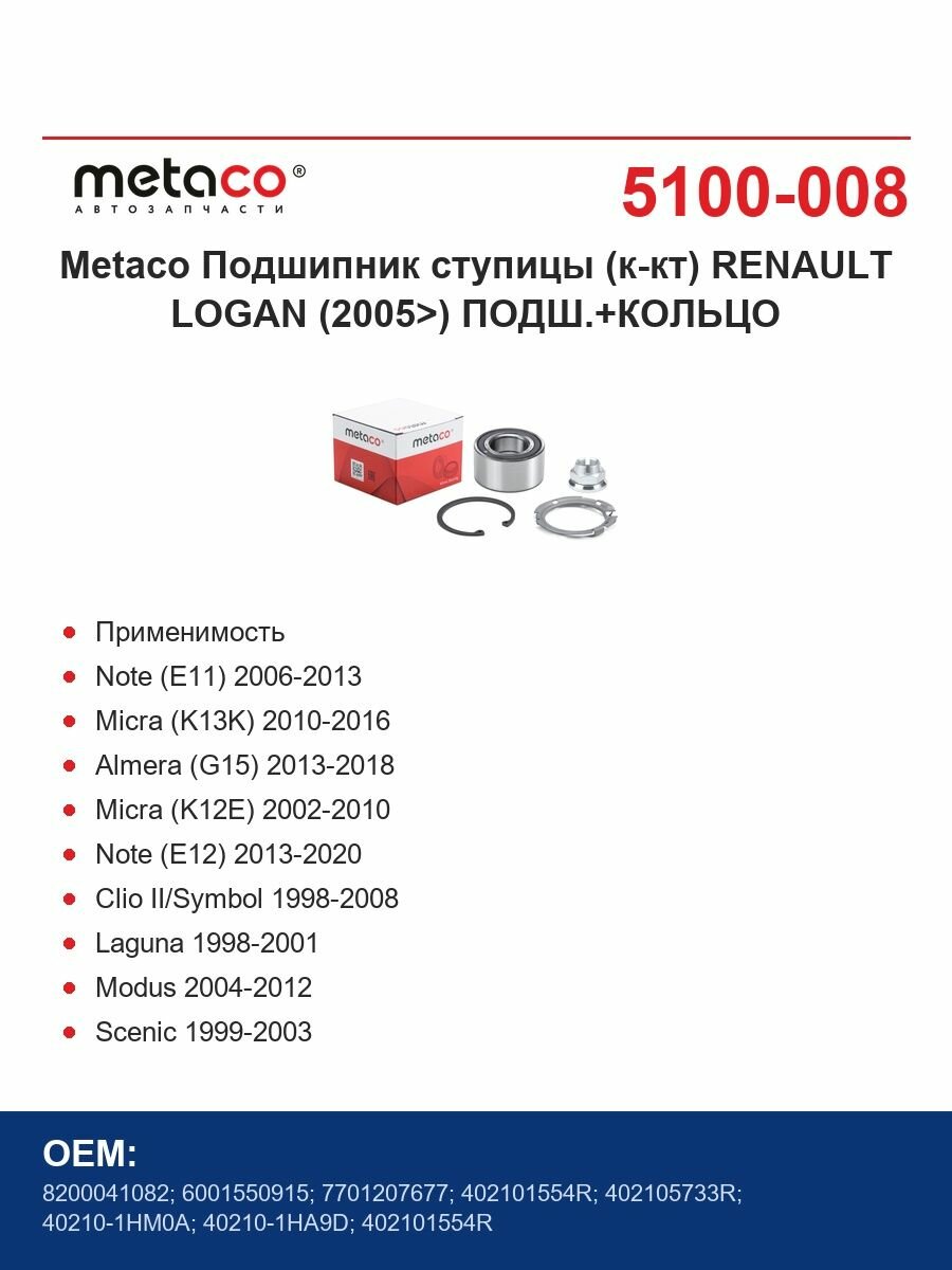 Metaco Подшипник ступицы (к-кт) RENAULT LOGAN (2005>) подш.+кольцо