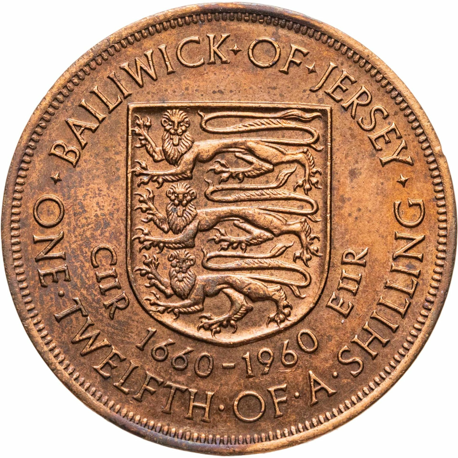 Джерси 1/12 шиллинга shilling 1960 300 лет вступления на престол короля Карла II, Бронза, в сохранности XF