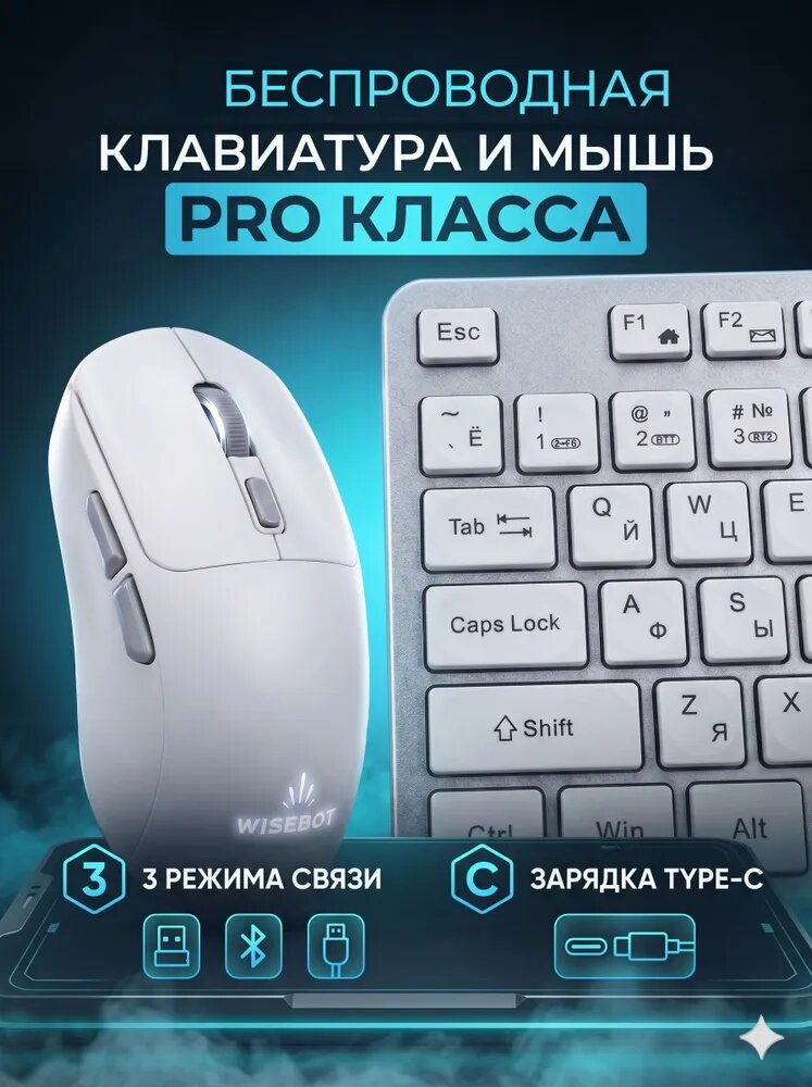 WISEBOT Комплект клавиатура, мышь беспроводная , Русская раскладка, серебристый
