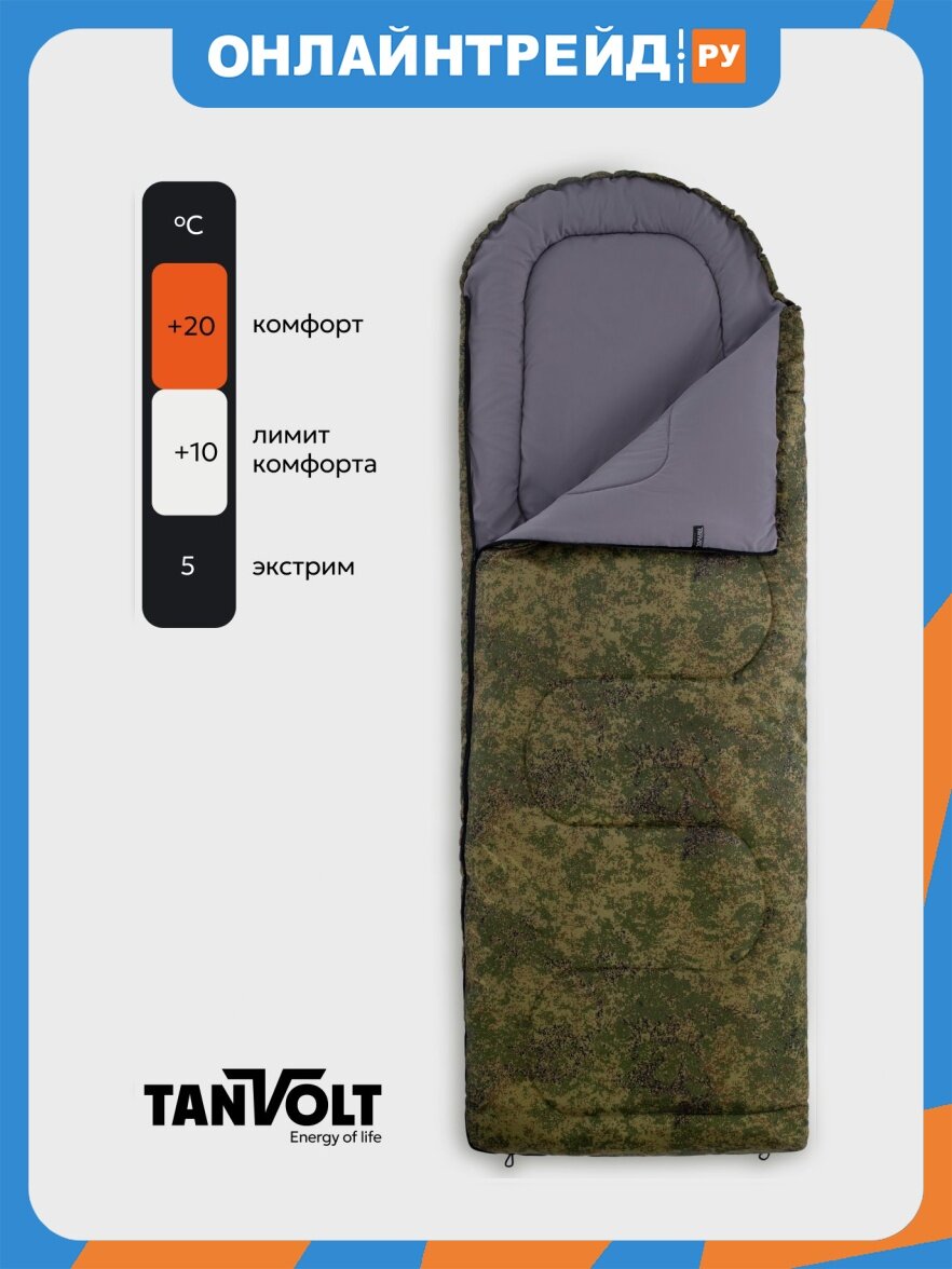 Спальный мешок Tanvolt с подголовником туристический Standart+, пиксель (Standart+Pixel)