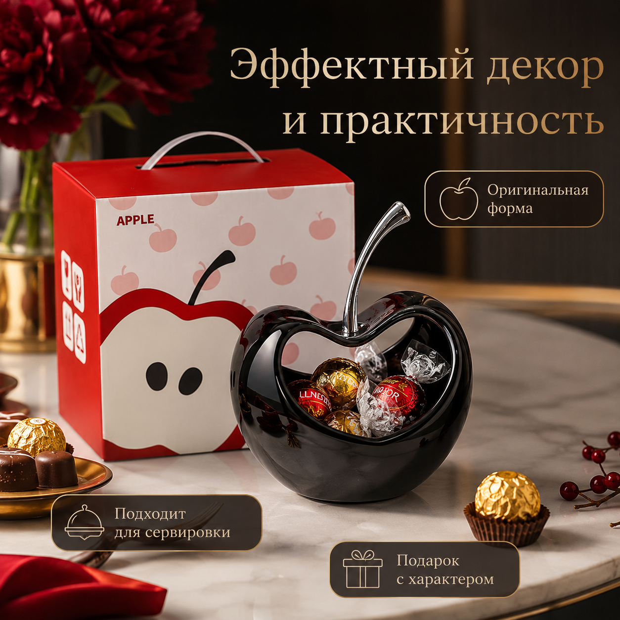 Фруктовница керамическая в виде яблока для фруктов, снеков и украшений, диаметр 17.5 см стильный аксессуар для дома