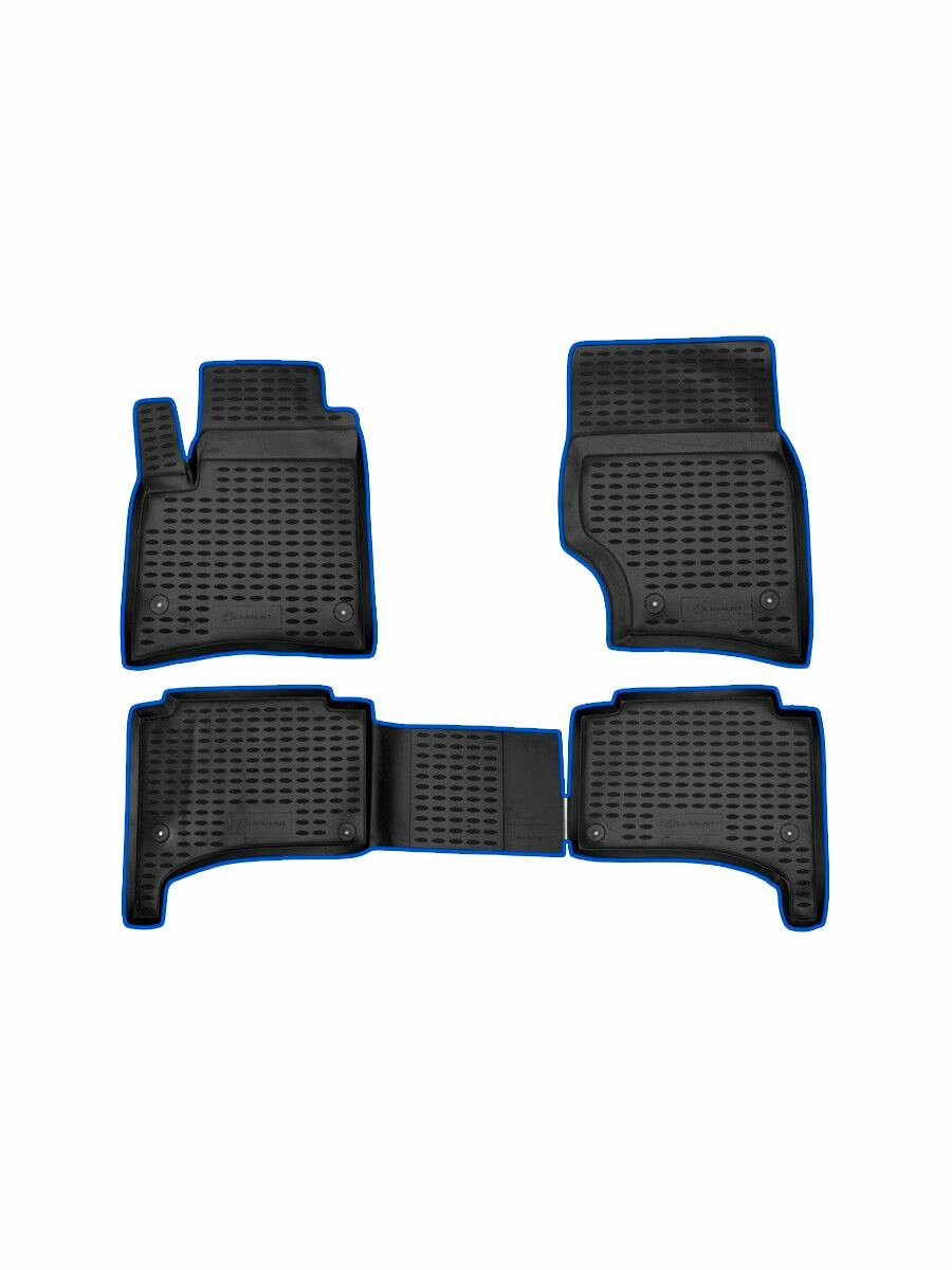 Коврики в салон для VW Touareg (I, Ir) 2002-2010, 4 шт, под штатный круглый крепеж(синий кант, полиуретан) / Фольксваген Туарег
