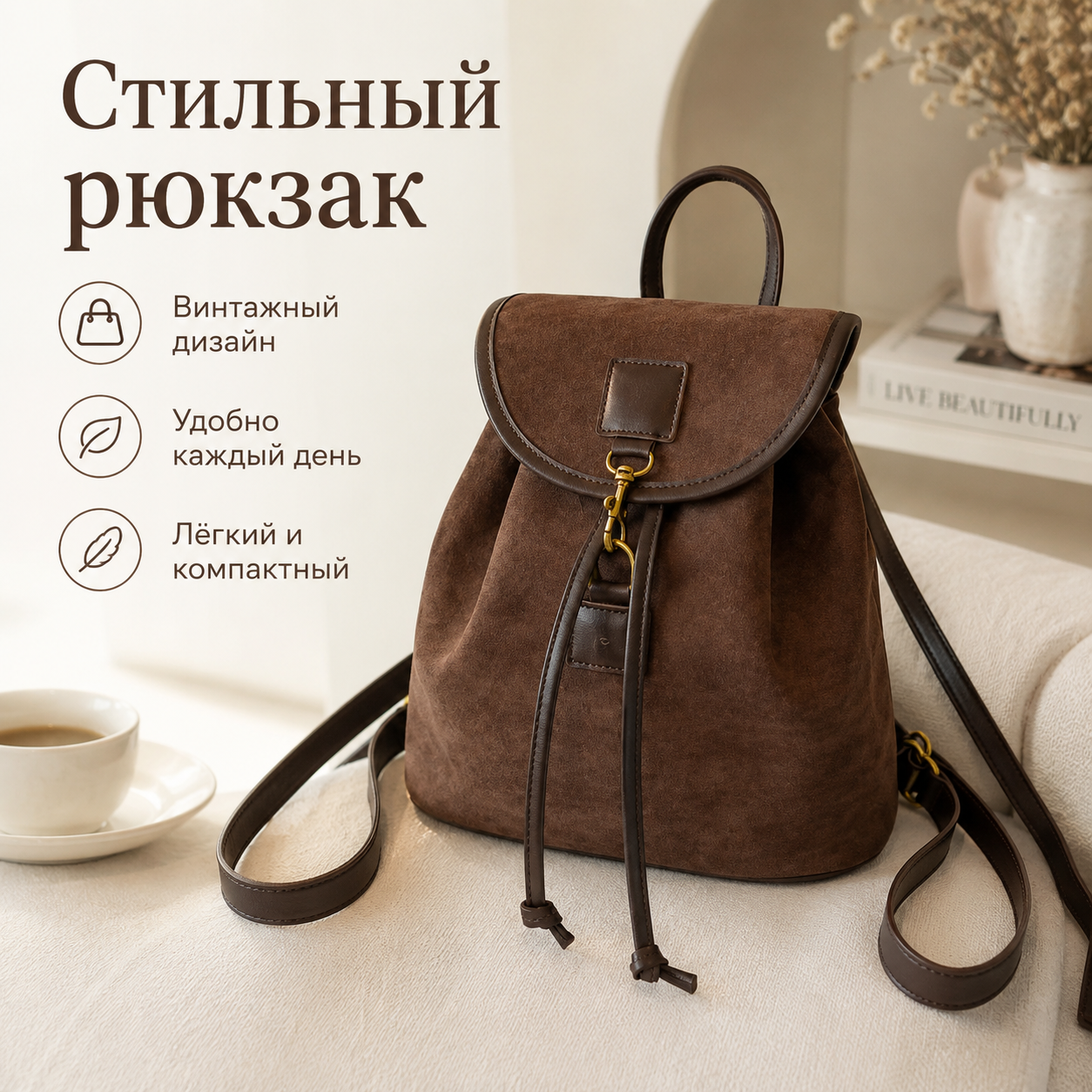 Женский компактный рюкзак из искусственной замши, коричневый повседневный рюкзак с клапаном