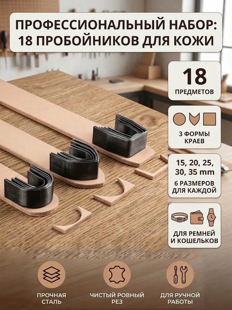Набор концевых пробойников для кожи (18 шт) фигурные вырубные формы. Штампы для резки концов ремней, кошельков и часов