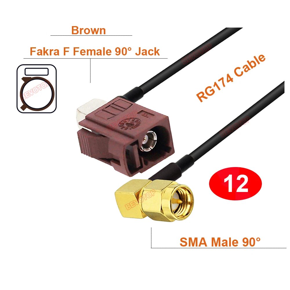 Fakra F к SMA кабель RG174 BEVOTOP 5M, FakraF F90 to SMAM90