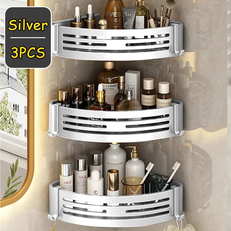 Угловой металлический органайзер для ванной комнаты Серебряный, Silver-3Pcs
