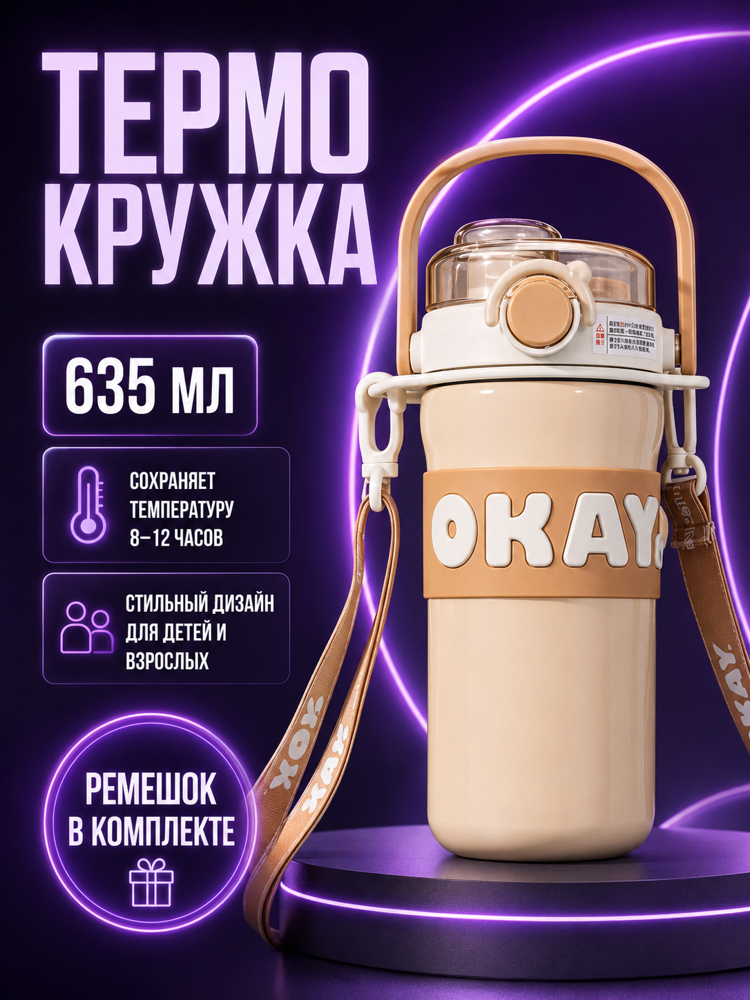 Термос OKAY с ремешком, Термобутылка для горячих напитков с ручкой, Непроливайка с кнопкой, 635 мл, Бежевый
