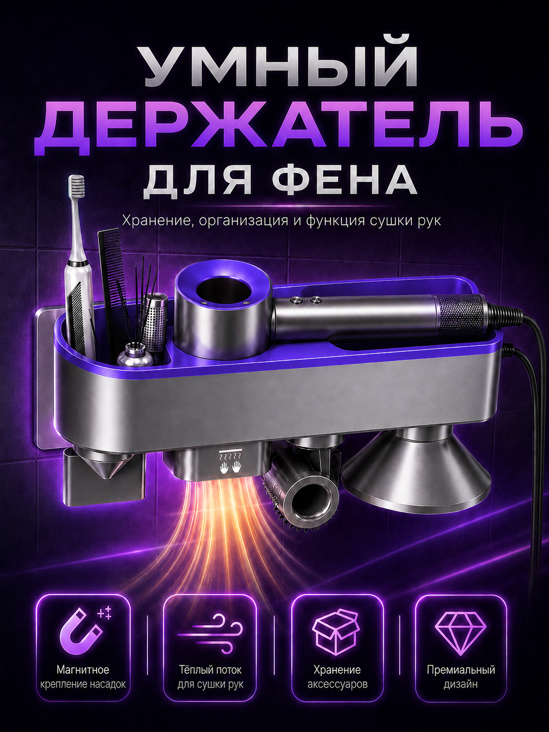 Держатель настенный для фена Dyson, Полка с органайзером для ванной, Cушилка для рук, Синий