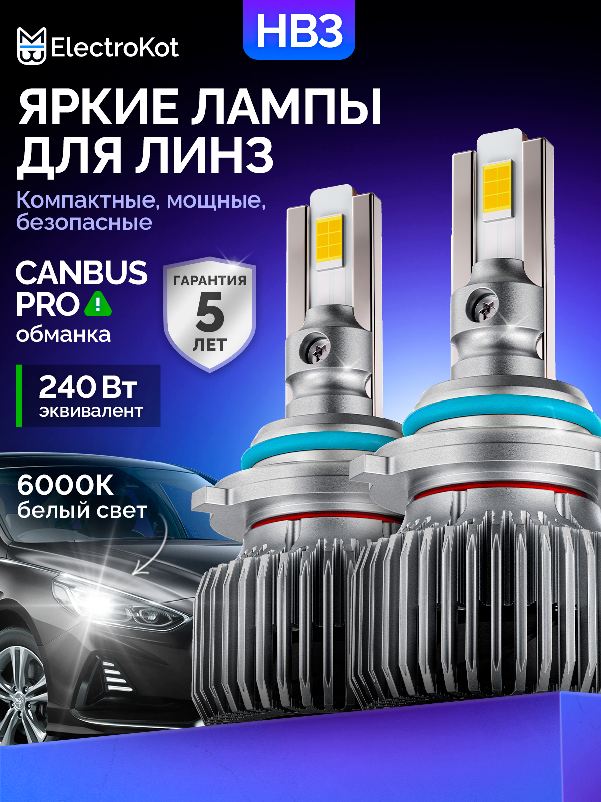 Светодиодные LED лампы HB3 для авто ElectroKot Плазма ЛЕД чистый белый свет 6000K НВ3 2 шт, в ближний, дальний
