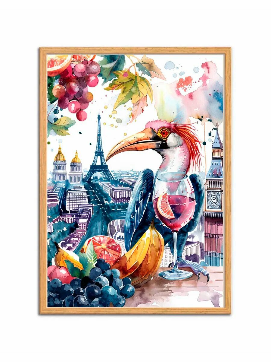 Птица-носорог Пьет вино 5, Плакат 30x42см