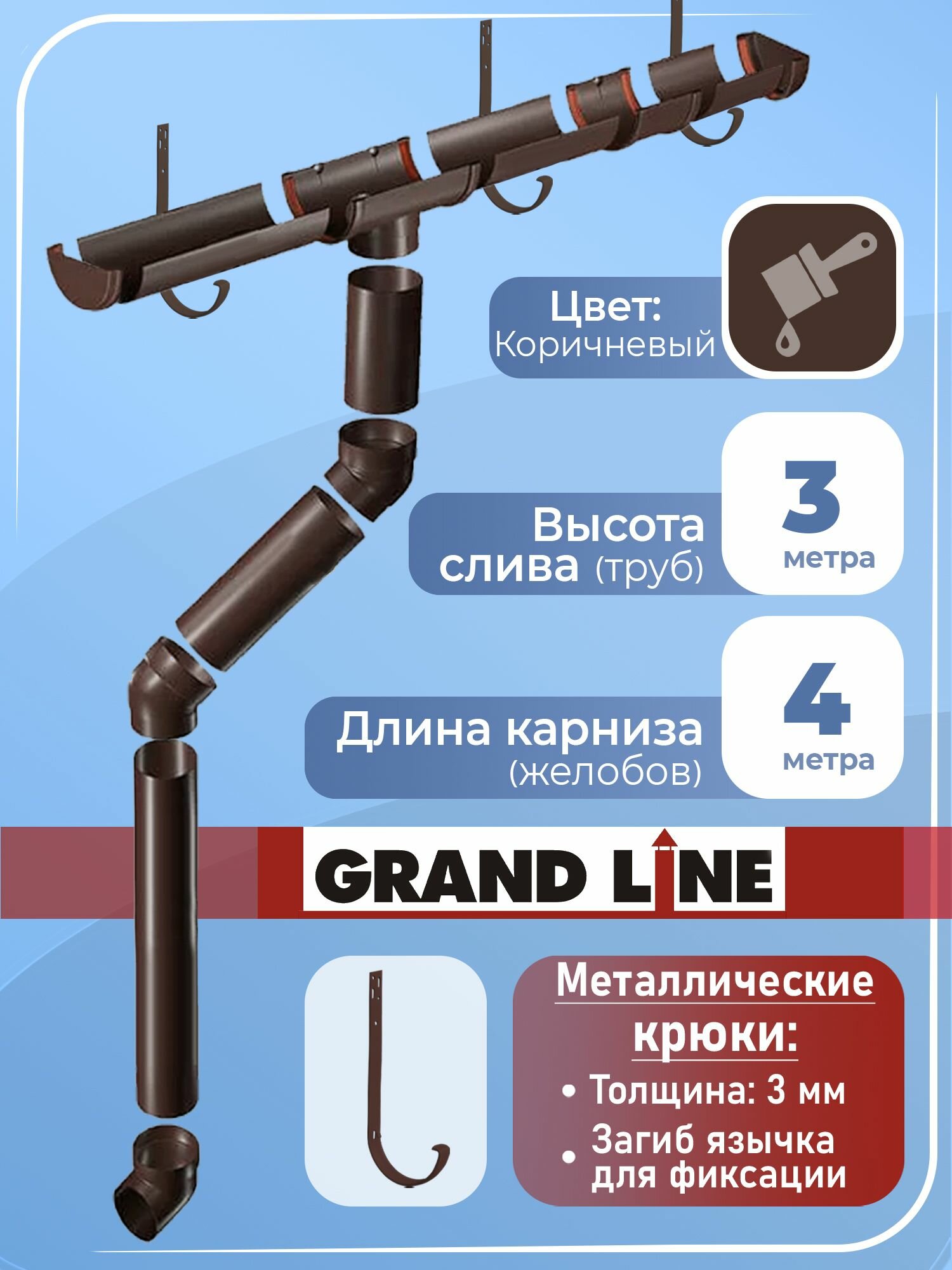 Водосточная система Grand Line 4 м ( 1,5 м+1 м ) металлические кронштейны коричневый , водосток для крыши пластиковый Гранд Лайн ( 120 мм / 90 мм ) комплект элементов ПВХ