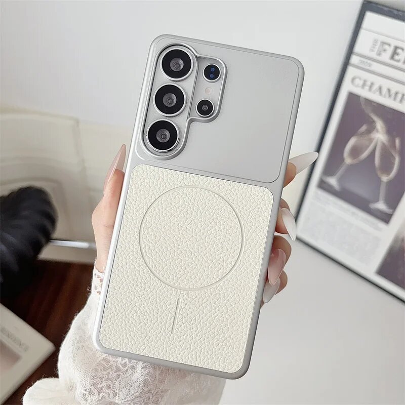 Кожаный магнитный чехол с узором Lichee для Samsung Galaxy S26 S24 Галактика S24 FE, Белый, White