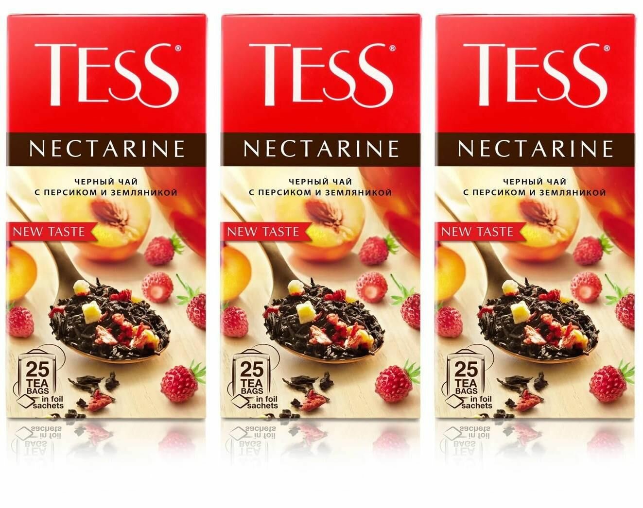 Tess Чай черный Nectarine с персиком и земляникой, 25 пак в уп, 3 уп