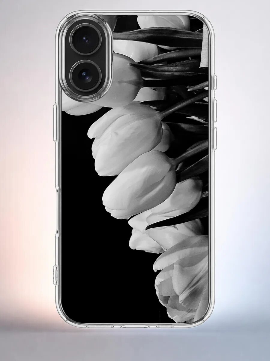 Чехол iPhone 16 букет тюльпанов силиконовый прозрачный