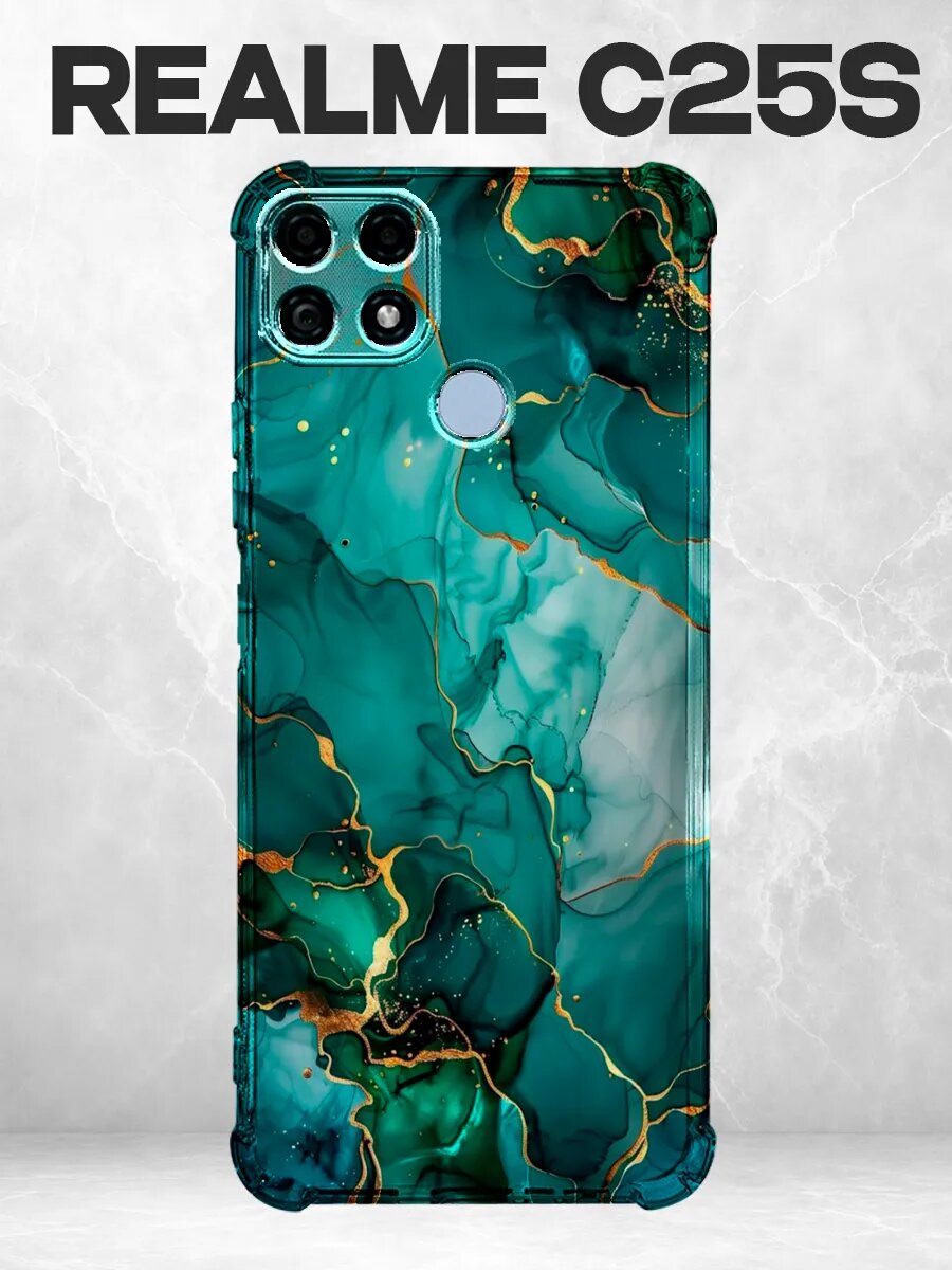 Чехол на Realme C25s мрамор бирюзово-зелёный